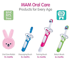 MAM Training Toothbrush for Babies (1 Baby's Brush with Safety Shield), Baby Toothbrush with Brushy The Bear Character, Interactive App, for Boys 5+ Months, Blue