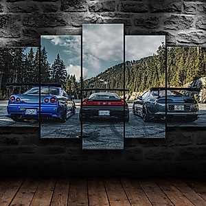 Qasrhibao Nissan Skyline Supra NSX JDM Racing Car Canvas Wall Art Print Home Decor HD Print Poster Room Decor Paintings 5 Panel Pictures Framed Ready to Hang