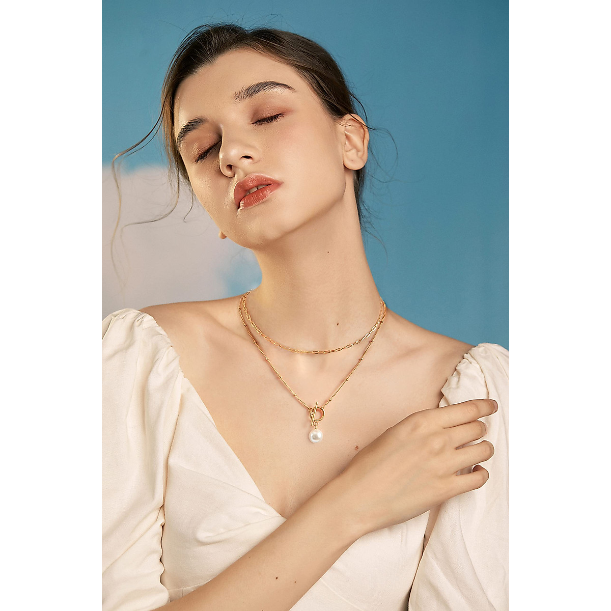 Gold Layered Pearl pendant Necklaces, 18K Gold Plated Initial Paperclip Link Chain Necklace Necklace Jewelry Gifts for Women (Gold)