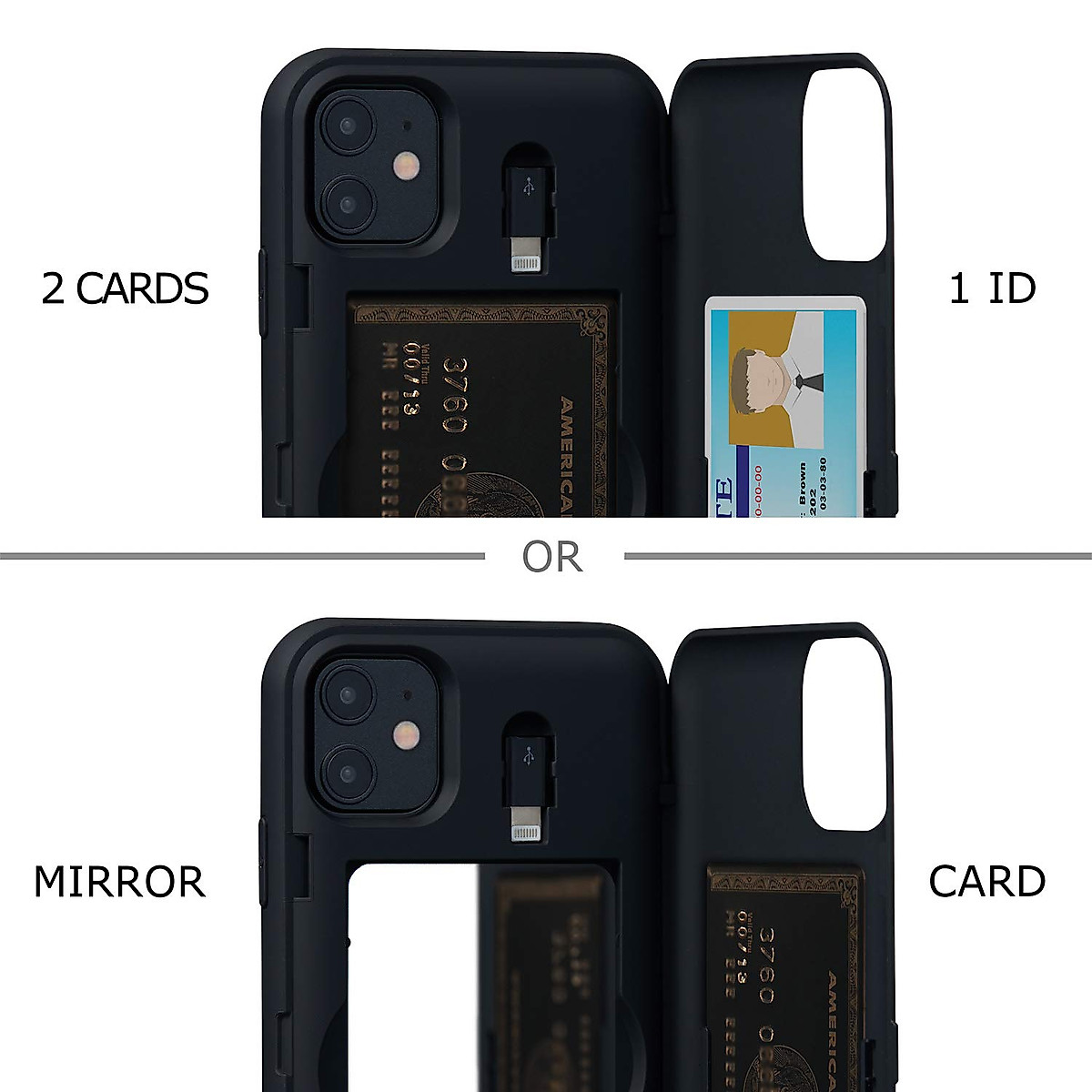 TORU CX PRO Case for iPhone 11, with Card Holder | Slim Protective Cover with Hidden Credit Cards Wallet Flip Slot Compartment Kickstand | Include Mirror, Wrist Strap, Lightning Adapter - Black