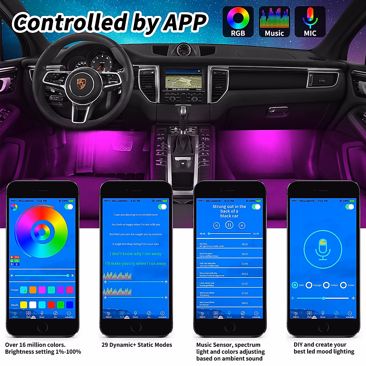 Led Lights for Car, Dash Lights for Car Interior Neon Lights Strip with App Control, RGB Under Dash Led Lights with DIY Million Colors Music Mode