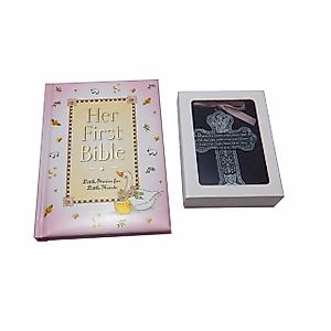 Baby Girl First Bible and 4 Inch Pewter Baptism Guardian Angel Crib Cross