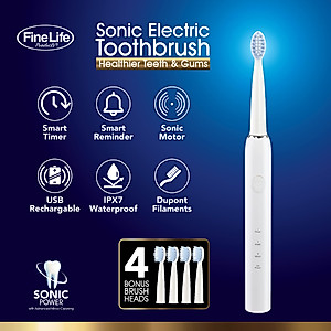 FineLife Products 3 Modes Sonic Power Electric Toothbrush for Healthier Teeth and Gums - USB Rechargeable - 19000 Rotation Per Minute with 4 Bonus Brush Heads, Oral Care Whitening - White