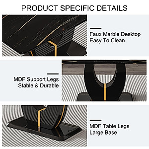 MTFY 7 Pieces Marble Dining Table Set for 6, Modern 63" Rectangular Black Faux Marble Pedestal Kitchen Dining Room Table & 6 PU Leather Upholstered Dining Chairs, Elegant Dinette Table Set