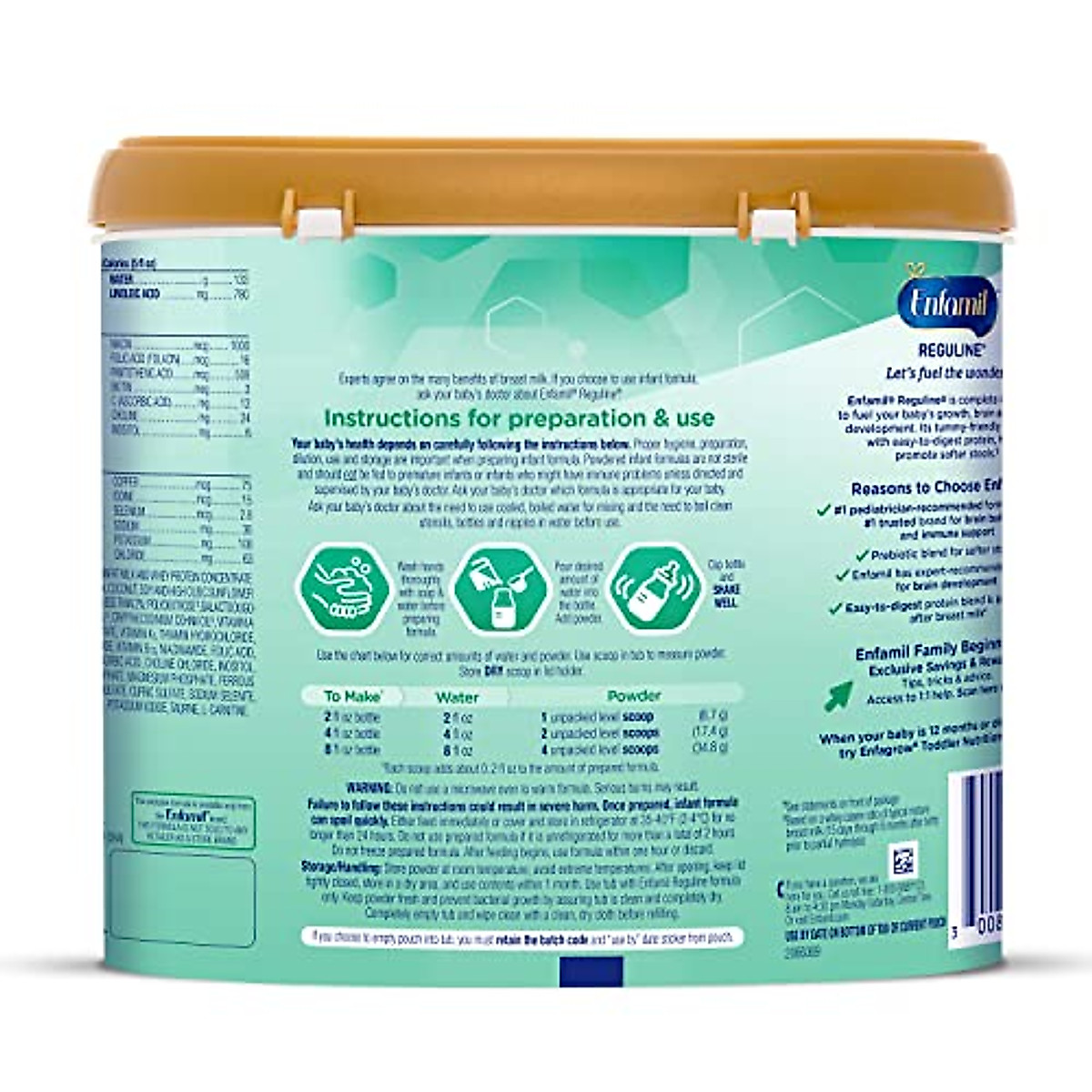 Enfamil Reguline Baby Formula, Designed for Soft, Comfortable Stools, with Omega-3 DHA & Probiotics for Immune Support, Reusable Powder Tub, 19.5 Ounce (Pack of 4)