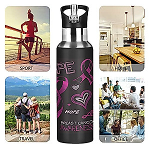 Oyihfvs Breast Cancer Awareness Pink Ribbons Sports Stainless Steel Water Bottle 33 Oz, with Straw Lid Vacuum Insulated Leakproof Thermo Flask, Great for Fitness Outdoor
