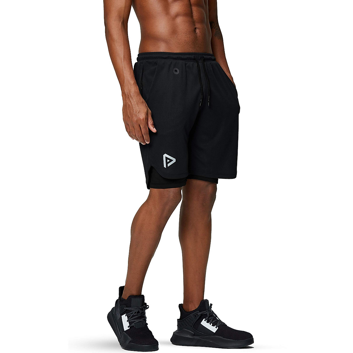 Pinkbomb Men's 2 in 1 Running Shorts Gym Workout Quick Dry Mens Shorts with Phone Pocket (Black, Large)