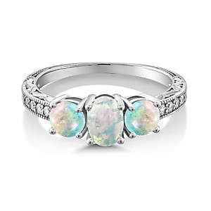 Gem Stone King 10K White Gold White Opal and White Lab Grown Diamond 3 Stone Engagement Ring For Women (2.04 Cttw, Oval Cabochon Gemstone October Birthstone, Available in size 5, 6, 7, 8, 9)