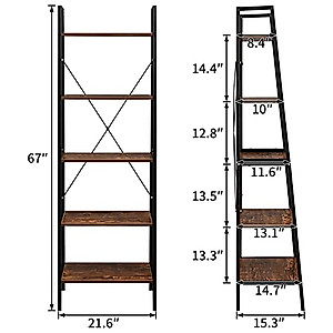 ALIMORDEN Heavy Duty Retro Ladder Shelf, 5 Tier Industrial Bookshelf with Wood Pattern , 21.6 x 15.3 x 67 Inches, Rustic Brown