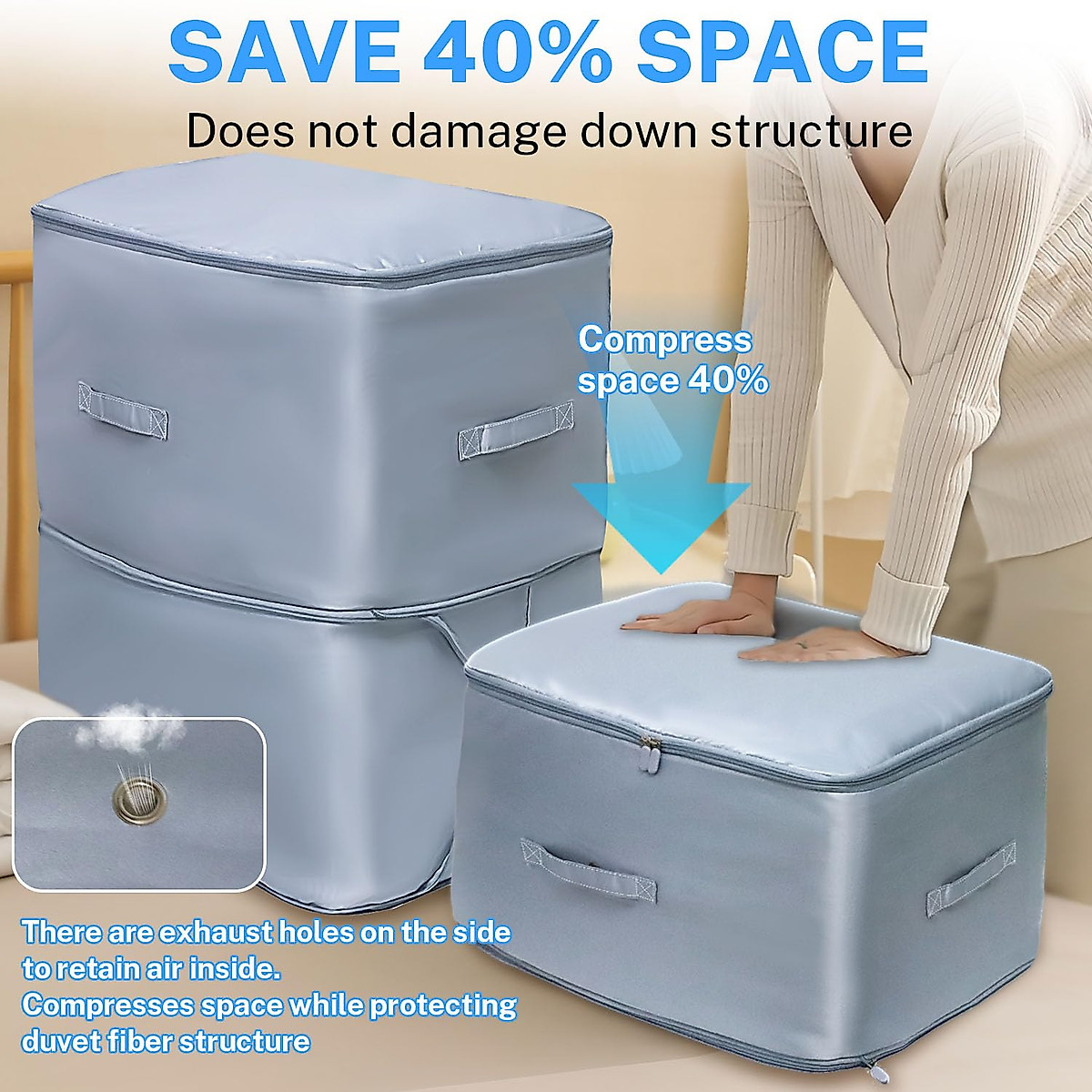 Ultra Space Saving Self Compression Organizer, 2024 Upgrade Space Saver Quilt Compression Bags for Storage, Moving Organizer Bags, Compression Storage Bags for Comforters and Blankets(Blue, X-Large)