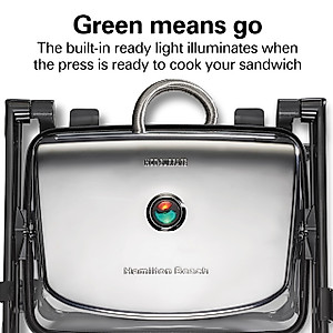 Hamilton Beach Electric Panini Press Grill with Locking Lid, Opens 180 Degrees for any Sandwich Thickness (25460A) Nonstick 8" X 10" Grids Chrome Finish, Medium