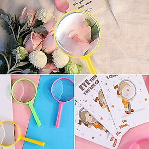 FiGoal 30 Pack Valentines Cards with 30 Colorful Magnifying Glasses in 3 Colors Plus Goodie Bag for Greeting Cards School Classroom Prizes Valentines Party Favors