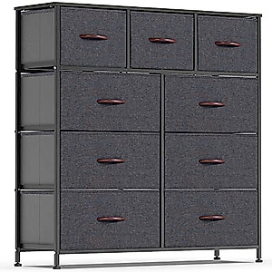 DHMAKER Fabric Dresser for Bedroom, Vertical Storage Tower with 9 Drawers for Nursery, Entryway, Closets, Organizer Unit with Steel Frame, Wood Top, Easy Pull Textured Fabric Bins - Dark Indigo