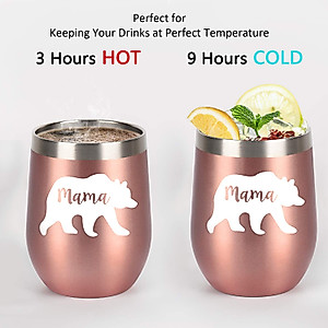 GINGPROUS Mother's Day Gifts for Mom, Mama Bear Wine Tumbler with Lid and Straw, 12 Oz Stainless Steel Insulated Wine Tumbler for Best Mom Birthday Gifts, Rose Gold