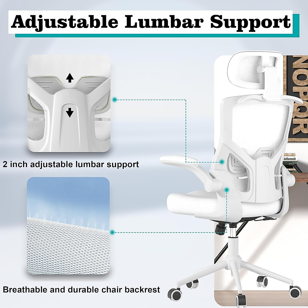 FOKESUN Ergonomic Office Chair, High Back Mesh Desk Chair with Molded Foam Cushion, Adjustable Headrest, Lumbar Support, Lock Function (All White)