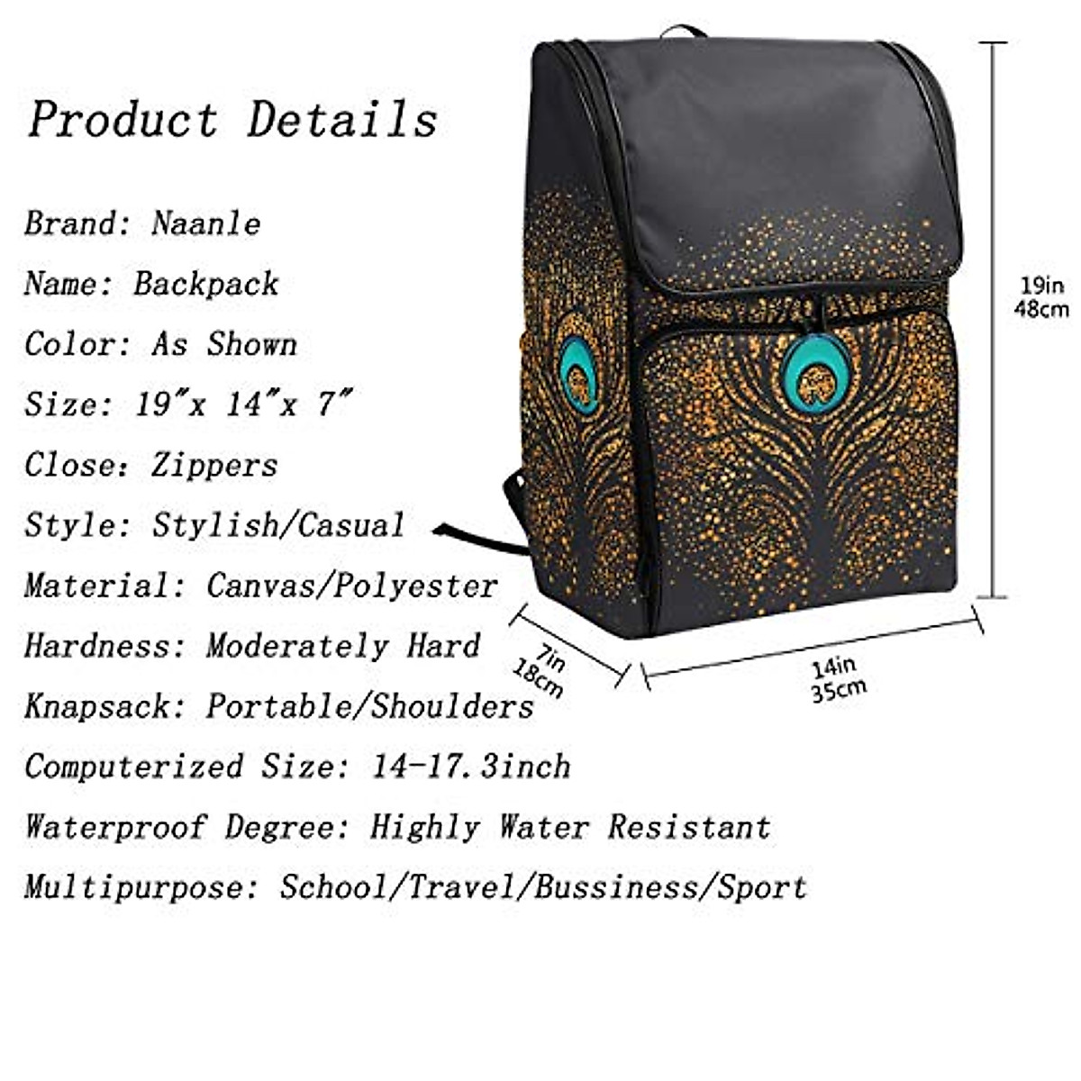 Naanle Stylish Beautiful Peacock Feather Gold Sparkling Pattern Casual Daypack College Students Multipurpose Backpack Large Travel Hiking Bags Computer Bag for Men Women