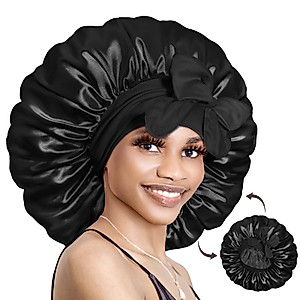BONNET QUEEN Large Silk Bonnet for Sleeping Satin Bonnet Big Hair Bonnet Jumbo Braid Bonnet Double Layer Tie Bonnets Night Hair Wrap for Women Curly Hair Black