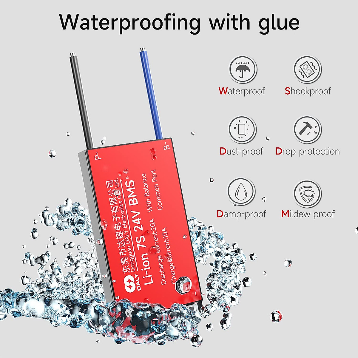 DALY 24V BMS li-ion 7S 20A with Balance Wire and Temperature Sensor for Rated 3.7V Lithium Battery Power Bank Short Circuit Protection（Standard BMS,20A）