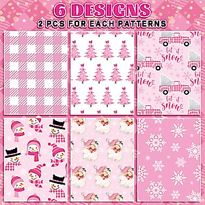 Whaline 12 Sheet Pink Christmas Wrapping Paper Winter Pink Gift Wrap Paper Xmas Tree Santa Snowman Snowflake Folded Flat DIY Craft Art Paper for Party Decor Supplies, 19.7 x 27.6 Inch