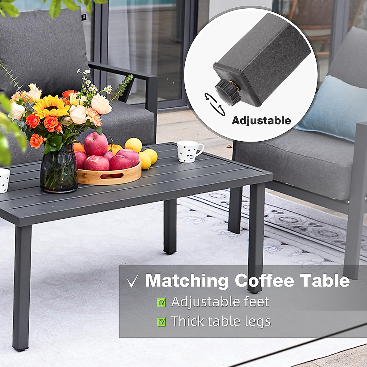 COMLAX FIELD Outdoor Patio Furniture Set, 4 Pieces Metal Patio Furniture Set with Coffee Table, Modern Outdoor Patio Conversation Seating Set, Grey