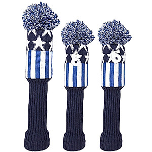 Golf Builder 3pcs/Set USA Stars and Stripes Knitted Golf Head Covers Sock Covers Pom Pom Covers for Driver Fairway Wood (Blue)