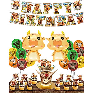 HXJFGDM Highland Cow Birthday Decorations - Highland Cow Party Decorations,Include Happy Birthday Banner Brown Highland Cow Flower Balloons for Farm Animal Holy Cow Party Decor