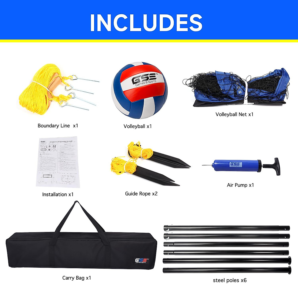 GSE Portable Volleyball Complete Set for Outdoor Backyard, Lawn, Park, and Beach. Professional Volleyball Net System with Poles, Volleyball & Pump, Boundary Line, and Carrying Bag(Recreational)