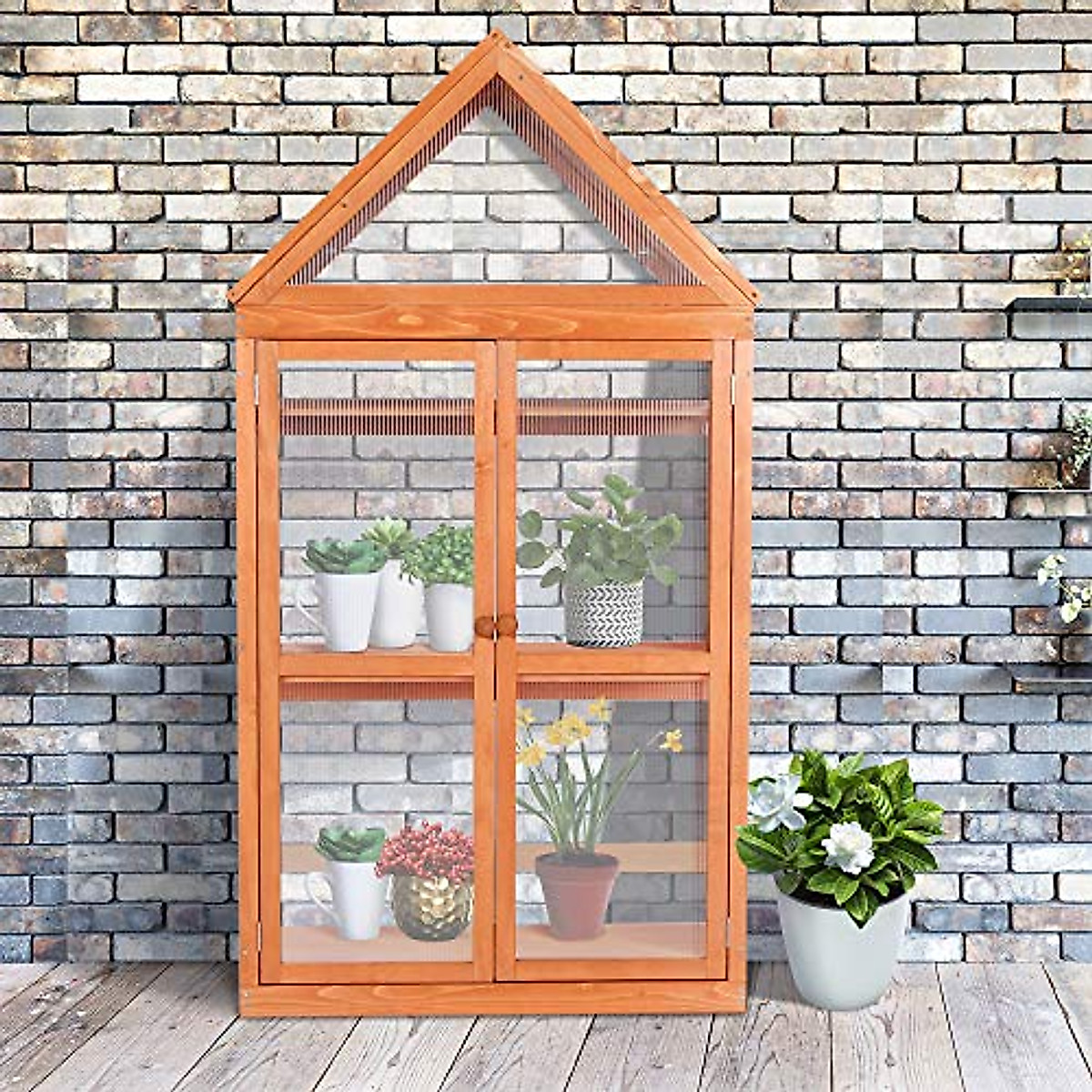 MCombo Greenhouse Cold Frame Wooden Garden Raised Flower Planter Shelf with Hard Translucent PC Protection, 0800 (Orange)