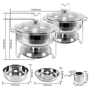 BriSunshine 2 Packs 430 Stainless Steel Chafing Dish Buffet Set, 4 QT Round Chafing Dish with Glass Lid & Lid Holder, Food Warmers for Parties Buffet Wedding Catering