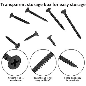 YOUYIDUN - 220 Pieces Black Wood Screws Assortment Kit, Phillips Drive Truss Head Flat Head Self-Tapping Screws, Carbon Steel Screws for Wood, M3.5 x (16/20/25/30/35/40/50) mm
