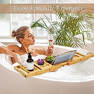 Foldable Bamboo Bathtub Caddy Bath Tub Tray Bridge Shower Shelves Organizer Tray, Extending Sides Built in Book Tablet Integrated Wineglass Holder Phone Tray & Accessories Placement