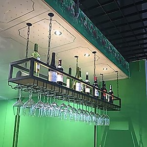 Ceiling Wine Glass Rack - Hanging Wine Rack with Glass Holder and Shelf, Height Adjustable Industrial Hanging Wine Bottle Holder, Black Metal Ceiling Shelf for Bar Cafe Kitchen (47.2×9.8×8.6in)