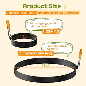 BYTANA 6 Pcs Egg Rings Set with Oil brush, 8" Omelette Ring of 2, 3.5" Egg Rings of 4, Non-stick Round Crumpet Ring with Heat-resistant Silicone Handle for Frying Eggs Muffins Cooking