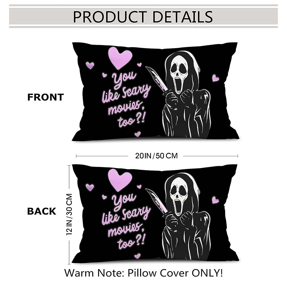 Snycler You Like Scary Movies Too Pink Ghost Scary Face Throw Pillow Cover Set of 2 Black Pillowcase Horror Halloween Valentine's Day Gifts Decoration for Sofa Bedroom Birthday Party Supplies 12x20