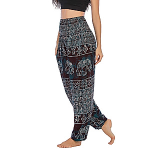 Lu's Chic Women's Smocked Waist Yoga Pant Boho Elephant Printed Bohemian Hippie Cinch Bottom Thai Indian Jogger Elastic Waist Harem Pants Tapered Leg Black One Size