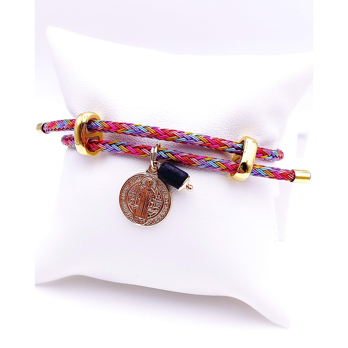 LESLIE BOULES 18K Gold Plated Saint Benedict Colored String Bracelet Charm Genuine Azabache Stone