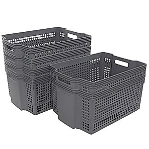 Rinboat 17 L Plastic Stacking Storage Baskets, Grey Stackable Storage Bin, 6-Pack
