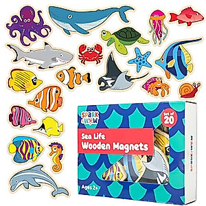SPARK & WOW Wooden Magnets - Sea Life - Set of 20 - Magnets for Kids Ages 2+ - Cute Animal Magnets for Fridges, Whiteboards and More