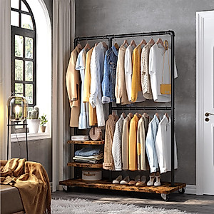 Raybee Industrial Pipe Clothes Rack Heavy Duty Clothing Racks for Hanging Clothes, 400LBS Clothes Rack with Shelves Wheels, Portable Adjustable Rolling Garment Rack for Hanging Clothes, Rustic Brown