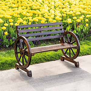 Mavalous Wagon Wheel Bench Outdoor, 2 Person Seat Rustic Wood Patio Benches with Backrest for Outdoor Brown