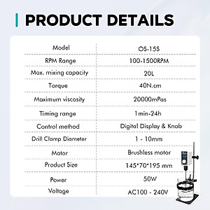 LAB FISH Overhead Stirrer Lab Stirrer | Stirring Rod and Stainless Steel Stand | Mixer Adjustable Speed 100-1500RPM Capacity 20L 20000 mPas Timing 1min-24h AC 100-240V 50W