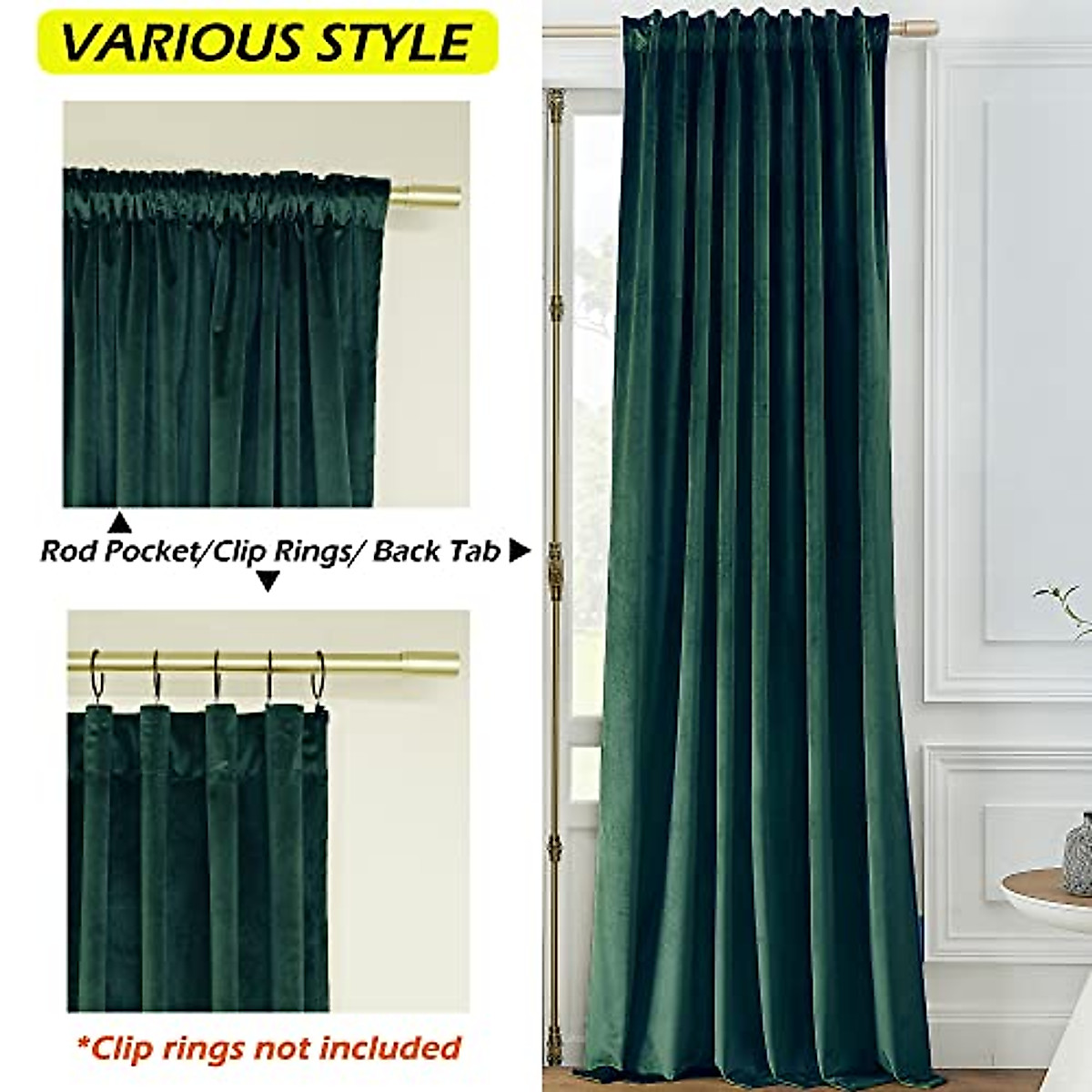 Timeper Green Blackout Velvet Curtains 96 inches Vintage Style Dark Green Velvet Drapes Light Blocking Thermal Insulated for Bedroom, Office, W52 x L96, 2 Panels, Back Tab Design