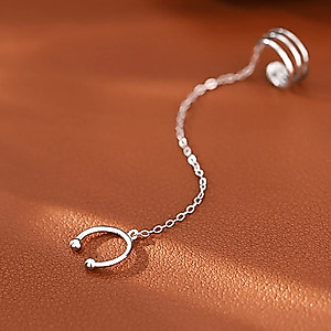 Reffeer Solid 925 Sterling Silver Cuff Chain Earrings Wraps for Women Wrap Earrings Non Piercing Ear Cuffs (A-Silver)