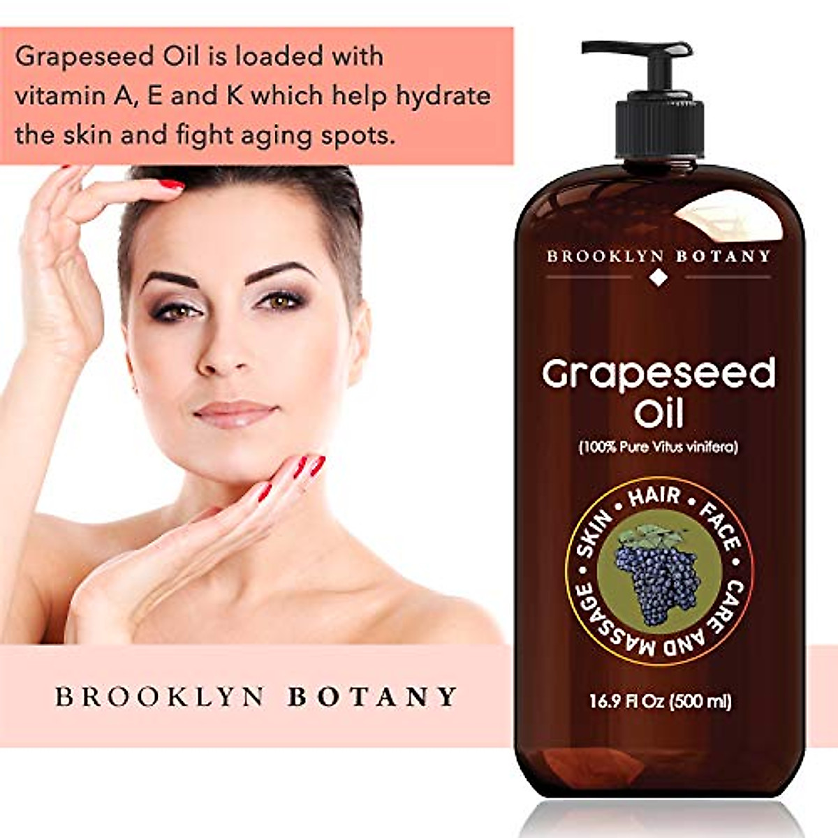 Brooklyn Botany Grapeseed Oil for Skin, Hair and Face – 100% Pure and Natural Body Oil and Hair Oil - Carrier Oil for Essential Oils, Aromatherapy and Massage Oil – 16 fl Oz