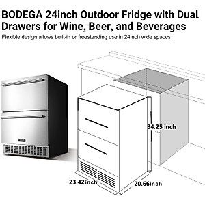 BODEGACOOLER 24 Inch Outdoor Beverage Refrigerator,Under Counter Double Drawer Fridge Stainless Steel,Built-in Outdoor Drawer Beverage Cooler for Soda Drink,Beer 149 Cans for Home,Commercial
