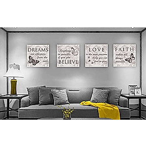 Butterfly Wall Art 4 Pcs Inspirational Quotes Love Dream Faith Believe Grey Butterfly Framed Pictures Wall Decor Butterfly Art Wall Decor Faith Canvas Wall Art for Bathroom Bedroom