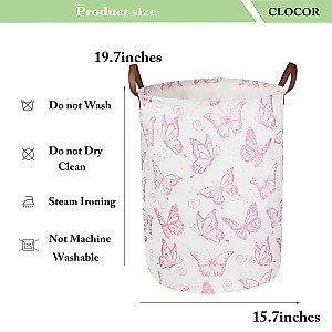 CLOCOR Pink Laundry Basket,Waterproof Nursery Hamper for Baby Girl ,Collapsible Storage Baskets for Girls Bedroom,Kids Toys Storage Bin,Room Decor,Gift Basket（Pink Butterfly
