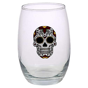 SET OF 3 Day of the Dead Stemless Skull Flower Wine Glasses, 15 oz glass Halloween Gasparilla