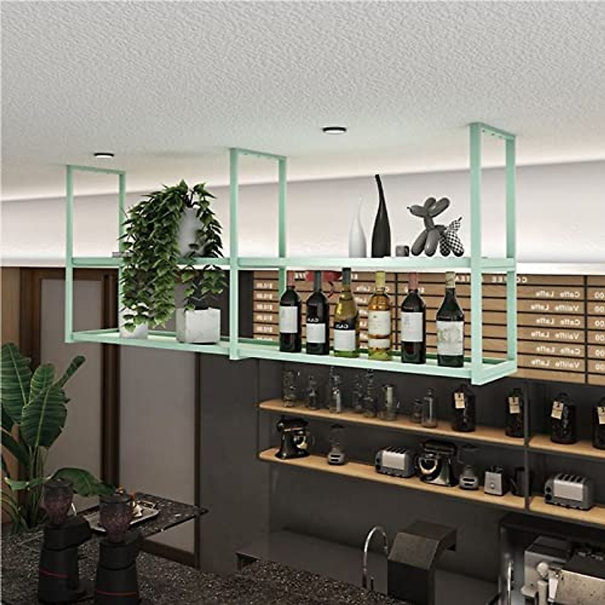 Ceiling Floating Shelves - Wall Mounted Wrought Iron Storage Rack, Hanging Wine Rack, Bar Hanging Display Rack, Ceiling Mount Display Rack, Easy Install Plant Holder/Wine Rack(Green,140*30*80cm(55*12*