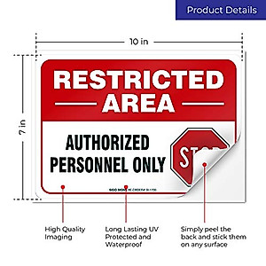 Sigo Signs Restricted Area Authorized Personnel Only Stop Sign, (2 Pack) 10x7 Inches, 4 Mil Vinyl Decal Stickers Weather Resistant, Made in USA by Sigo Signs